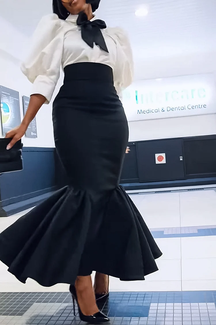 Plus Size Business Casual Black Elegant Shirt Collar Lantern Sleeve 3/4 ...