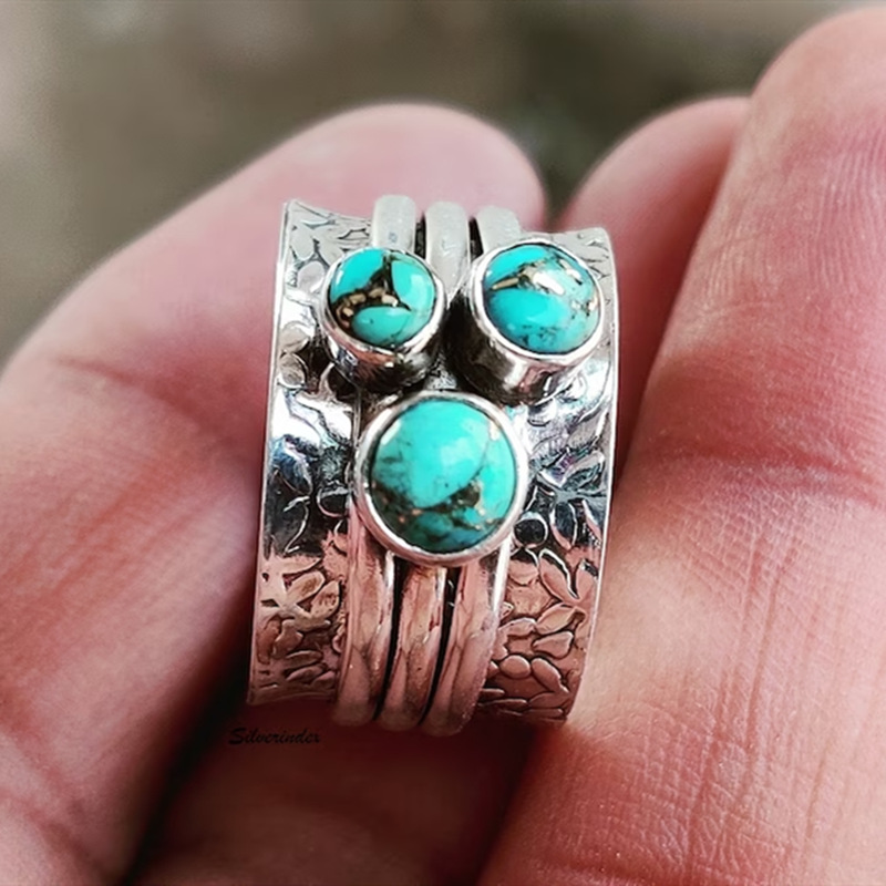 Bohemian Three Eyed Turquoise Hammer Pattern Ring
