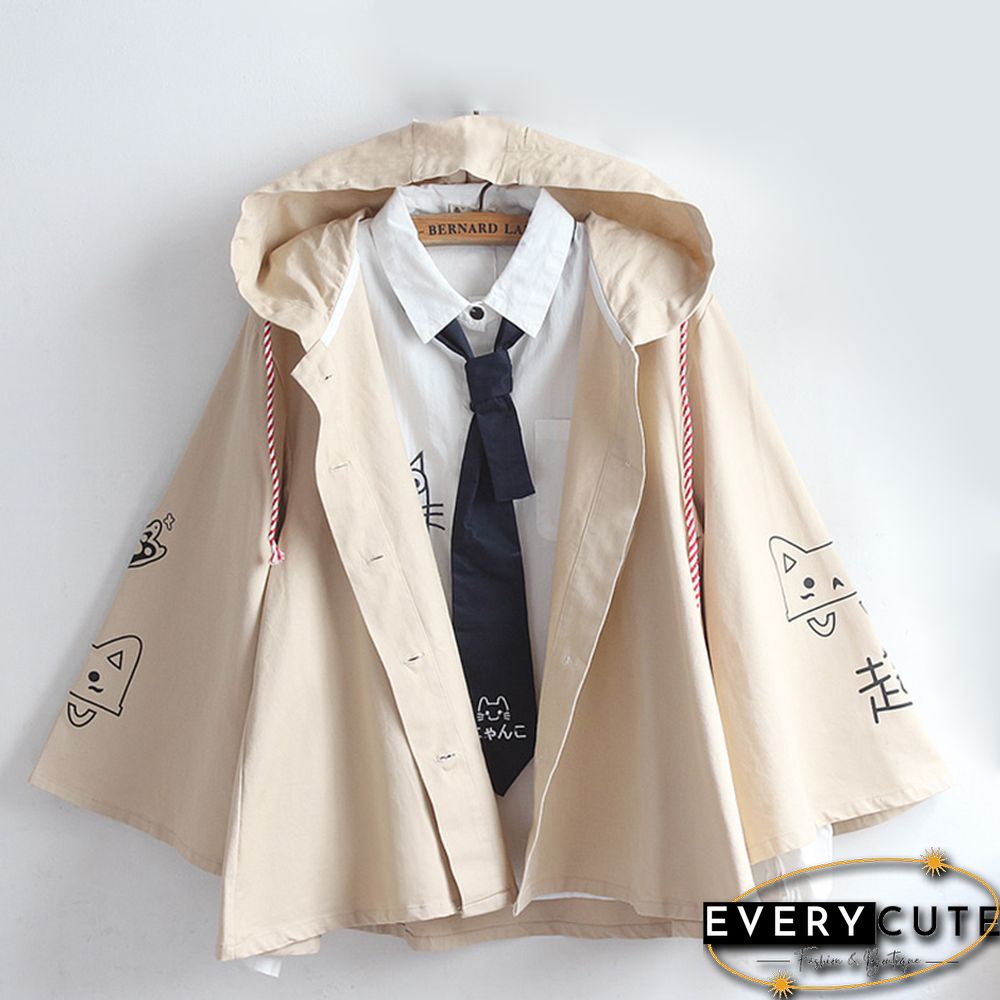 Japanese Kitty Print Cape Hooded Outerwear