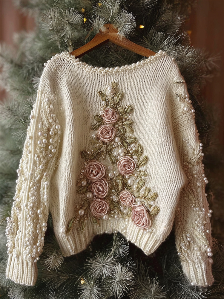 Pink Roses Christmas Tree Beaded Cozy Knit Sweater