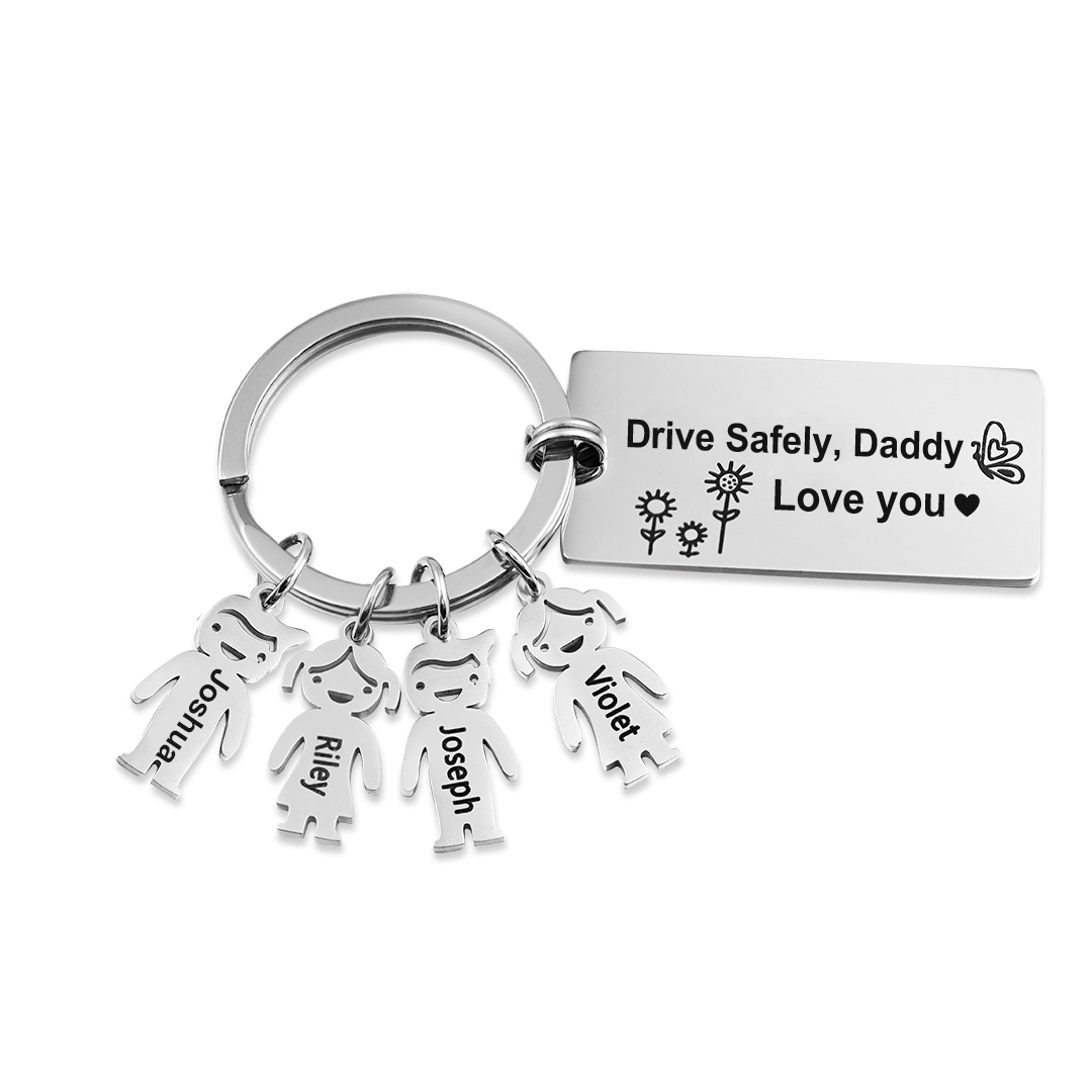 Custom Family Keychain with 4 Kid Charms Drive Safely Keychain