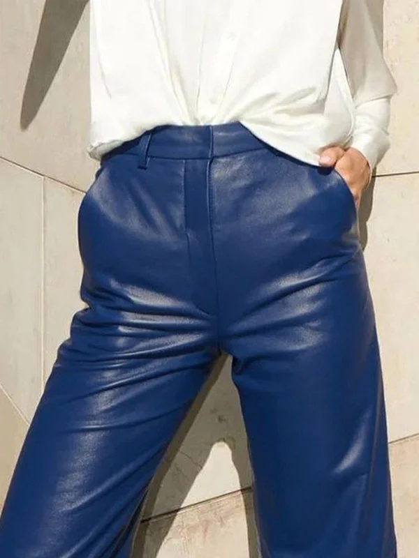 Sleek High-Waisted PU Pants: Skinny/Straight Leg Split-Joint Elegance