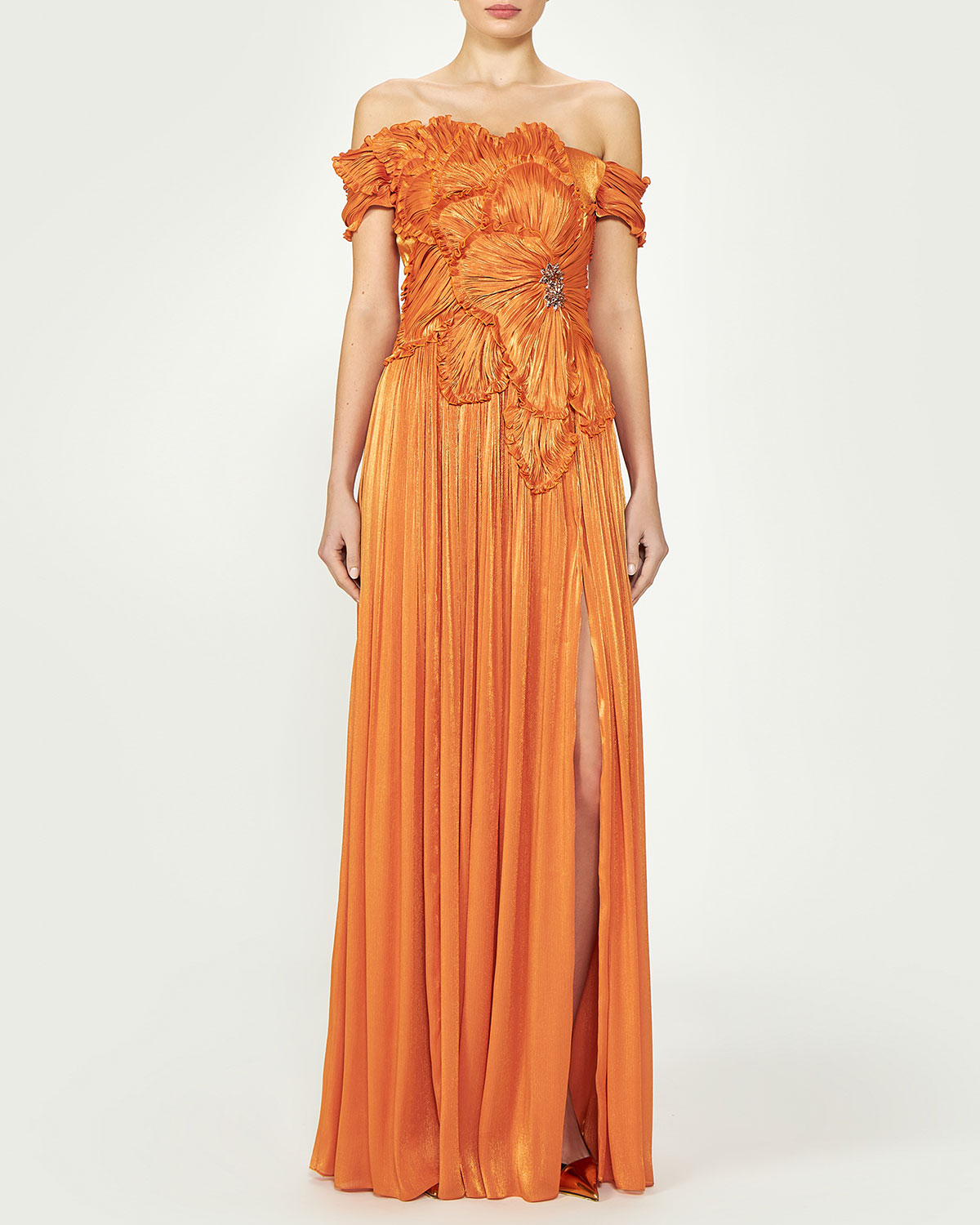 Isla Crystal Metallic-Georgette Off-The-Shoulder Gown