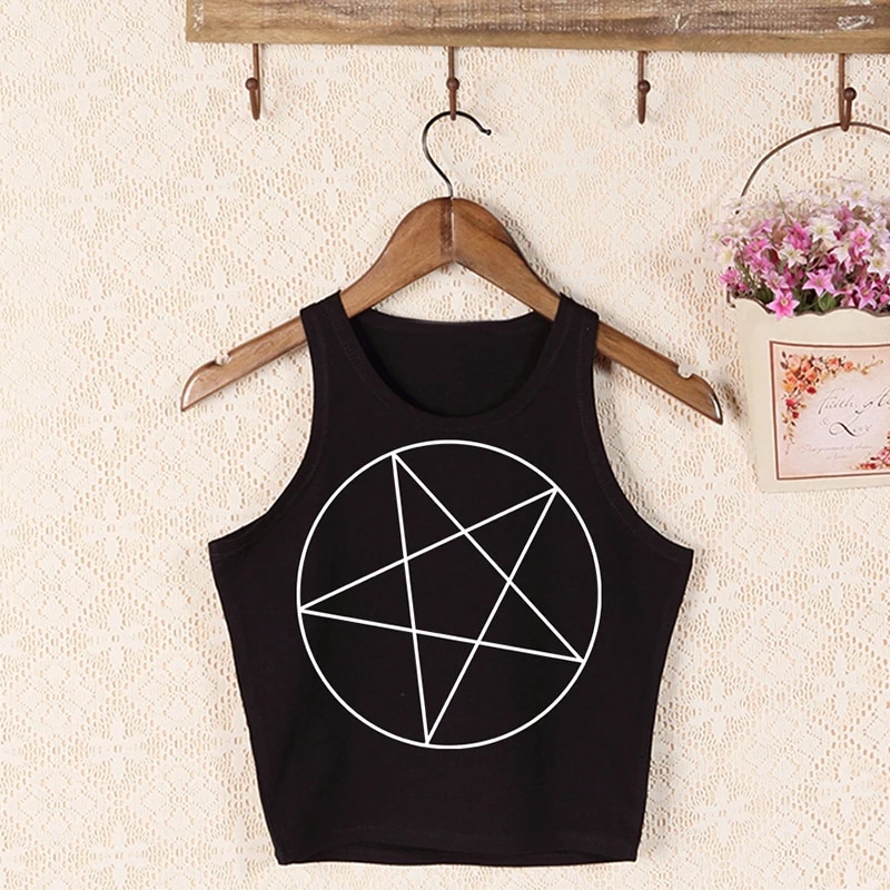 Uveng Crop Top Womens Gothic Symbols Pentagram Printing Cropped Tank ...