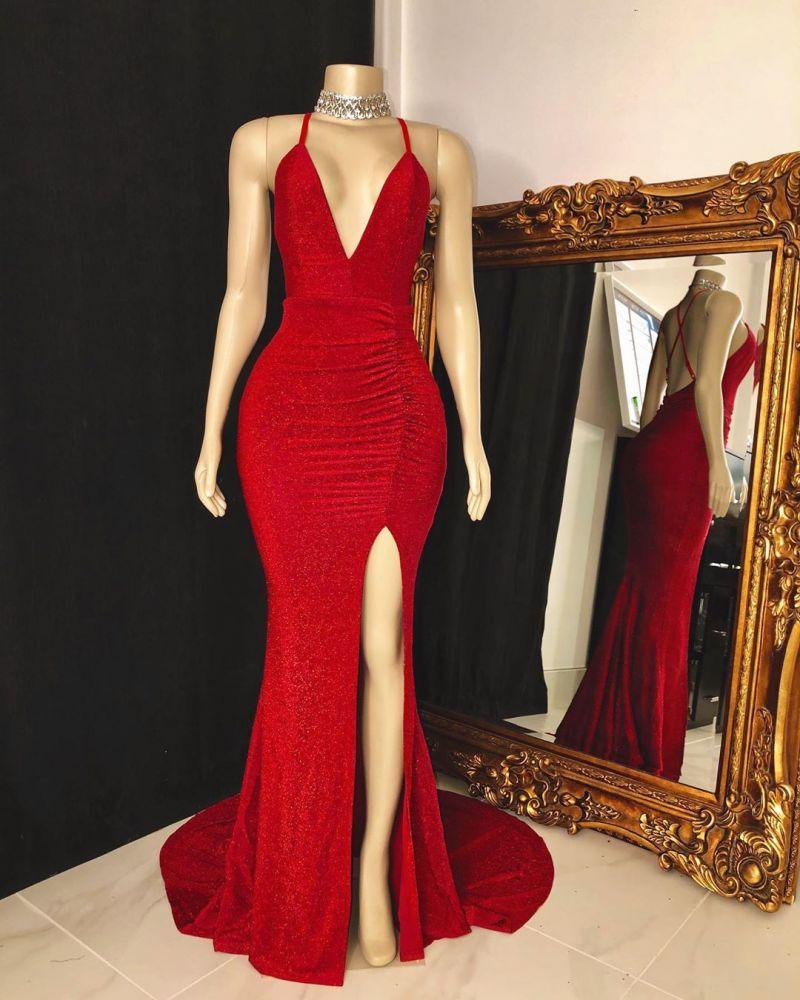 Daisda Sleeveless Red Halter Prom Dress With Slit