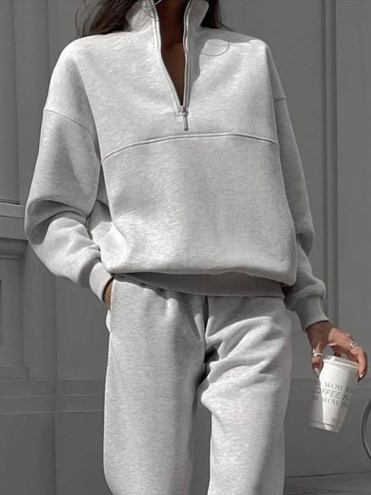 Plain Stand Collar Loose Casual Sweatshirt set