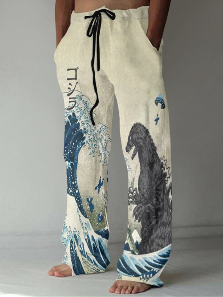 The Great Waves And Godzilla Japanese Art Linen Blend Casual Pants