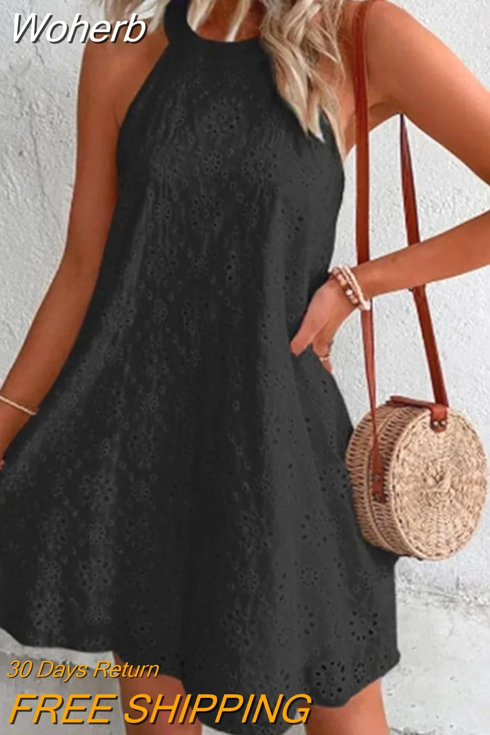 Woherb Women Flower Embroidery Dress Summer Solid Elegant Sleeveless ...