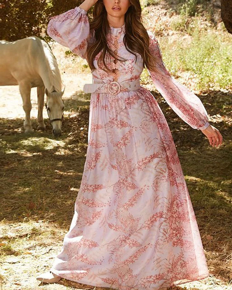 Spring Flowers Long Sleeve High Neckline Maxi Dress