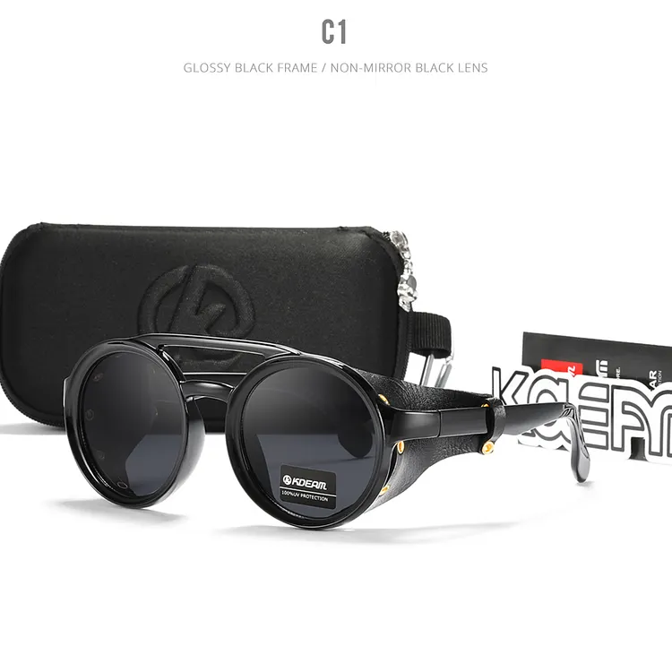 KDEAM Vintage Round Sunglasses Men Women Leather Shield Sun Glasses ...