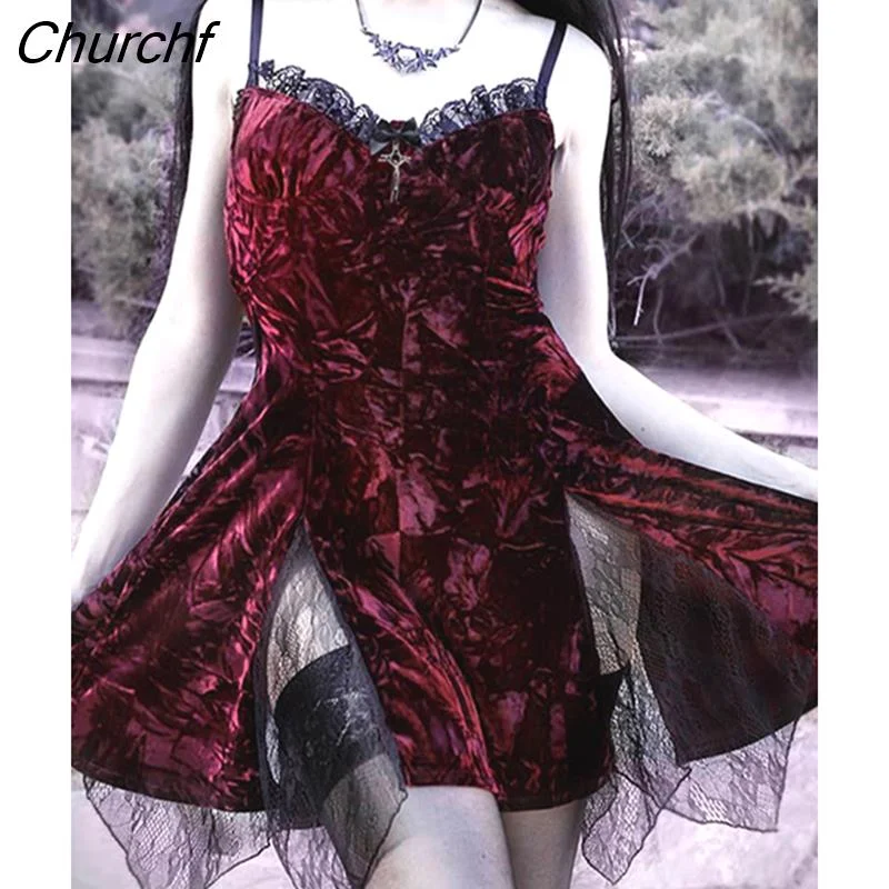 Churchf Y2K Gothic Vintage Sexy Mesh Velvet Mini Dress Grudge Aesthetic ...
