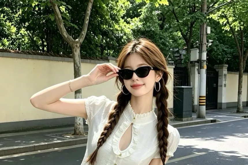 Puff-Sleeve Mock Neck Plain Ruffle Cutout Blouse / High Waist Lace Trim ...