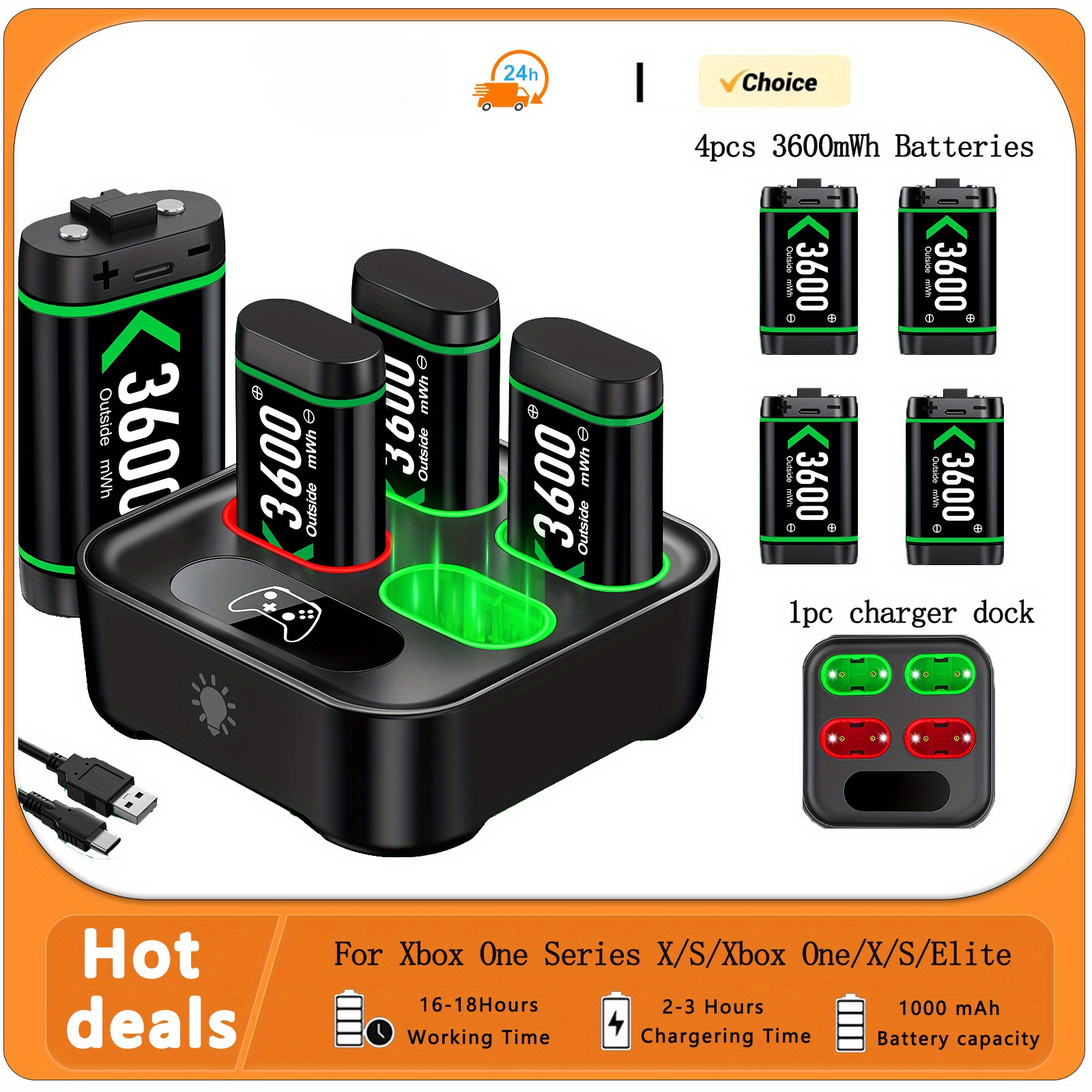 4x3600mWh Rechargeable Xbox One Battery Charger Station for Xbox Series ...
