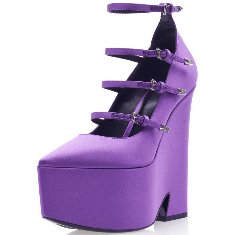 Purple Strappy Satin Classic Pointy Toe Heels Office Platform Pumps Vdcoo