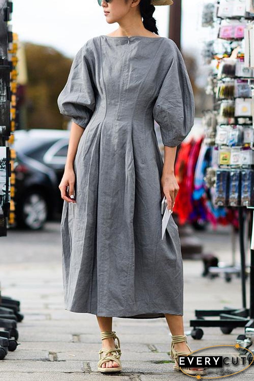 Solid Linen Half Sleeve Dress