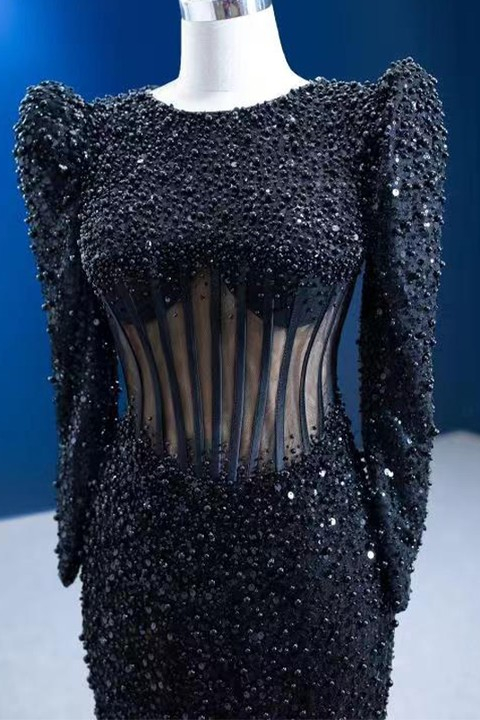 Daisda Elegant Black Jewel Neck Mermaid Prom Dress Long Sleeves With Appliques