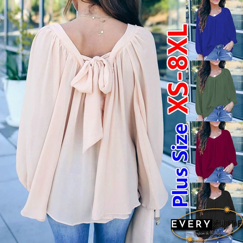 Plus Size XS-8XL Women's Fashion Clothes Pure Color Long Sleeve Shirts Elegant Ladies Casual V ...