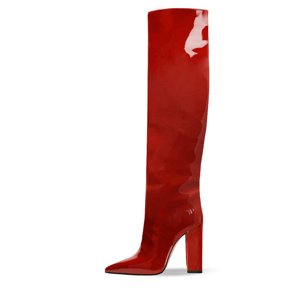 Charlotte Block Heel Patent Leather Knee High Tubular Boots In Red
