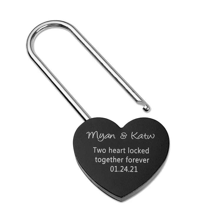 Heart Love Lock with Key Custom Names and Date Black Padlock Couple Gift