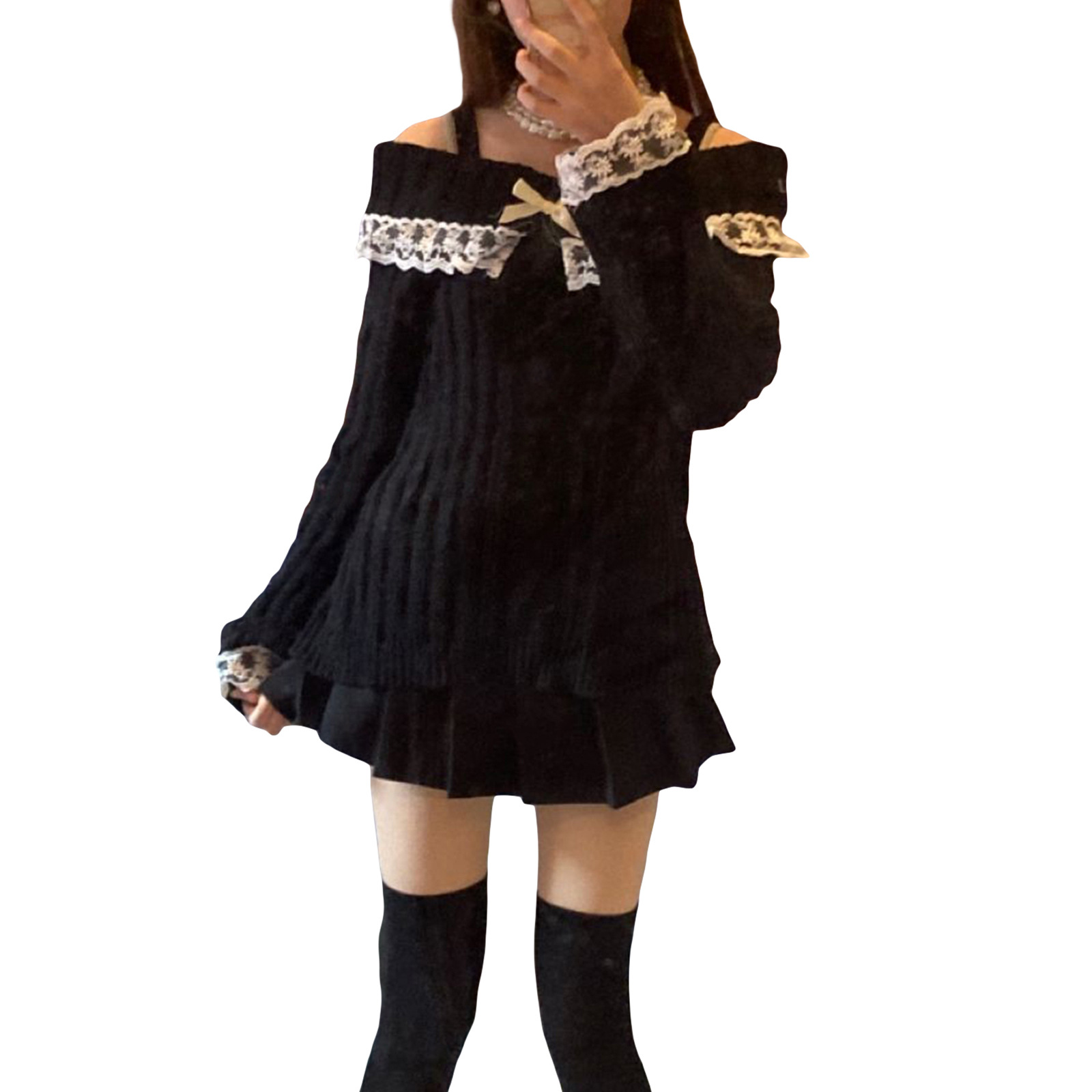 LACE TRIM OFF-SHOULDER STRAP SWEATER