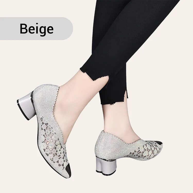 👡🎁💥Hollow Mesh Sandals With Rhinestone And Chunky Heel
