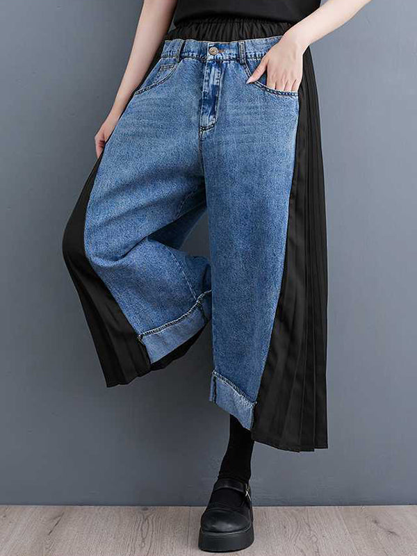 Modern High Waisted Blue Patchwork Pleated Split-Joint Jeans