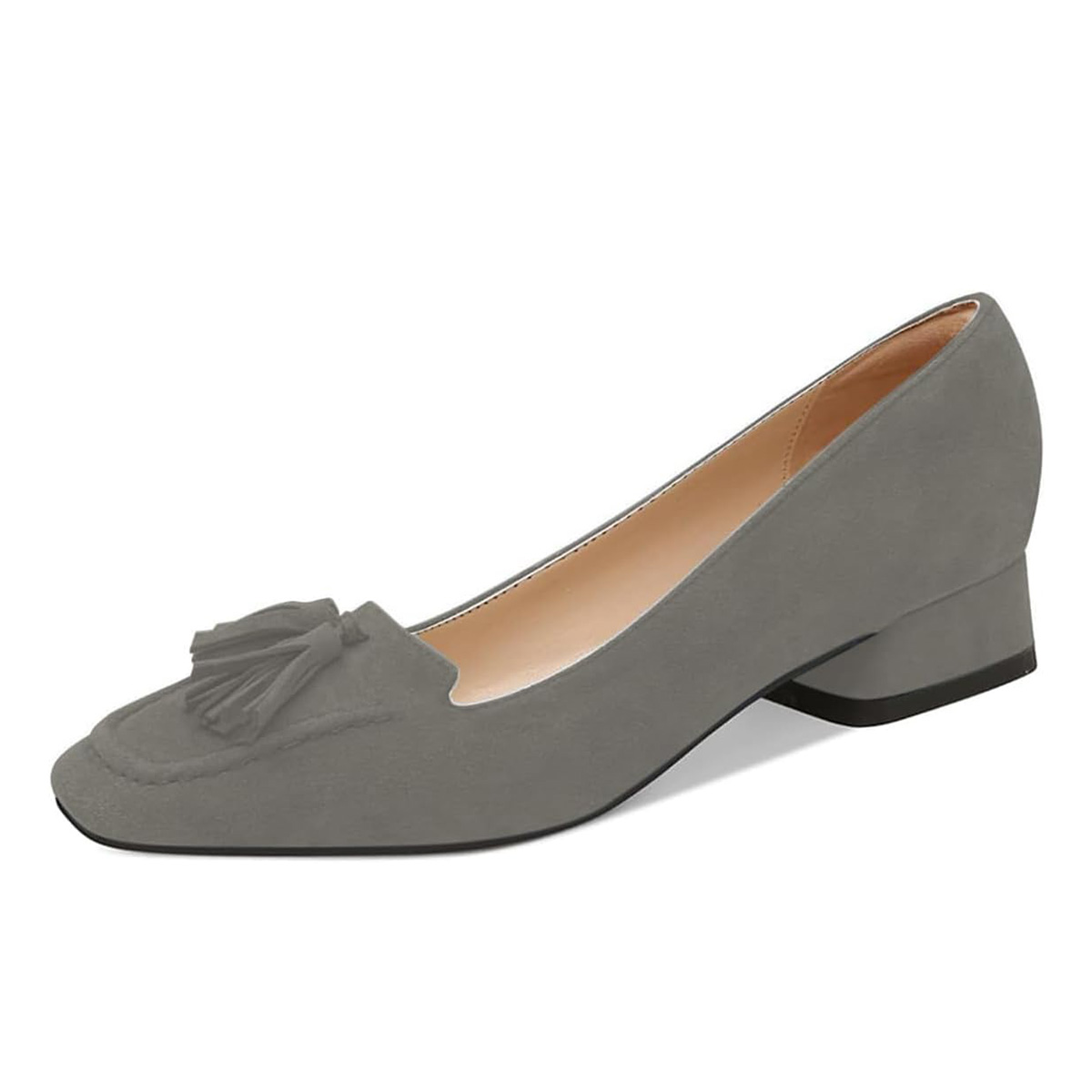 Grey Square Toe Low Heel Slip-On Pumps Shoes with Fringe