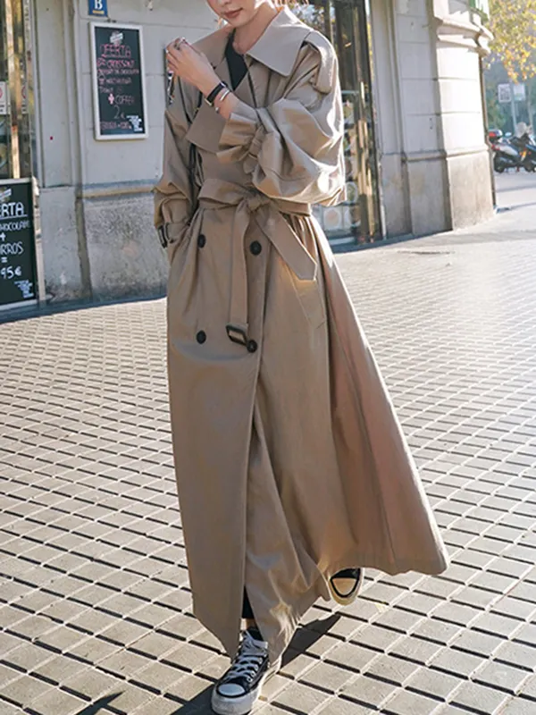 Buckle-Embellished Trench Coat with Split-Back and Lapel Collar