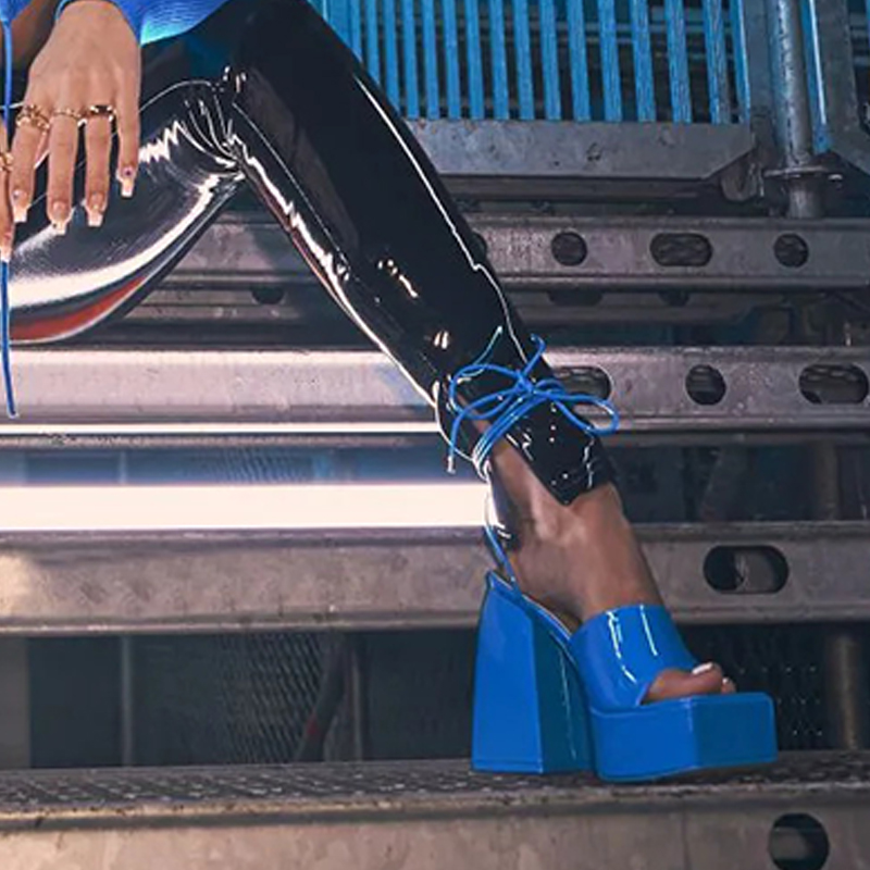 Blue Platform High Heel Shoes Square Toe Patent Leather Mules