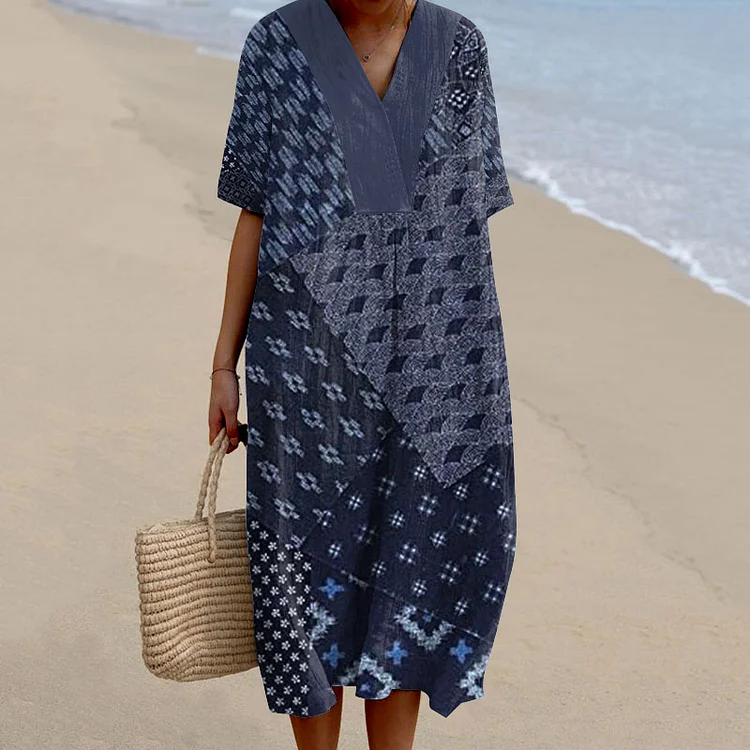 Japanese Traditional Sashiko Patchwork Art Pattern Linen Blend Midi Dress