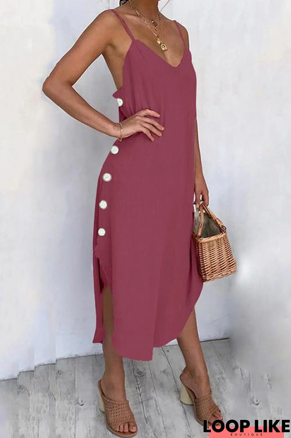 Side Button Slip Maxi Dress - LoopLike