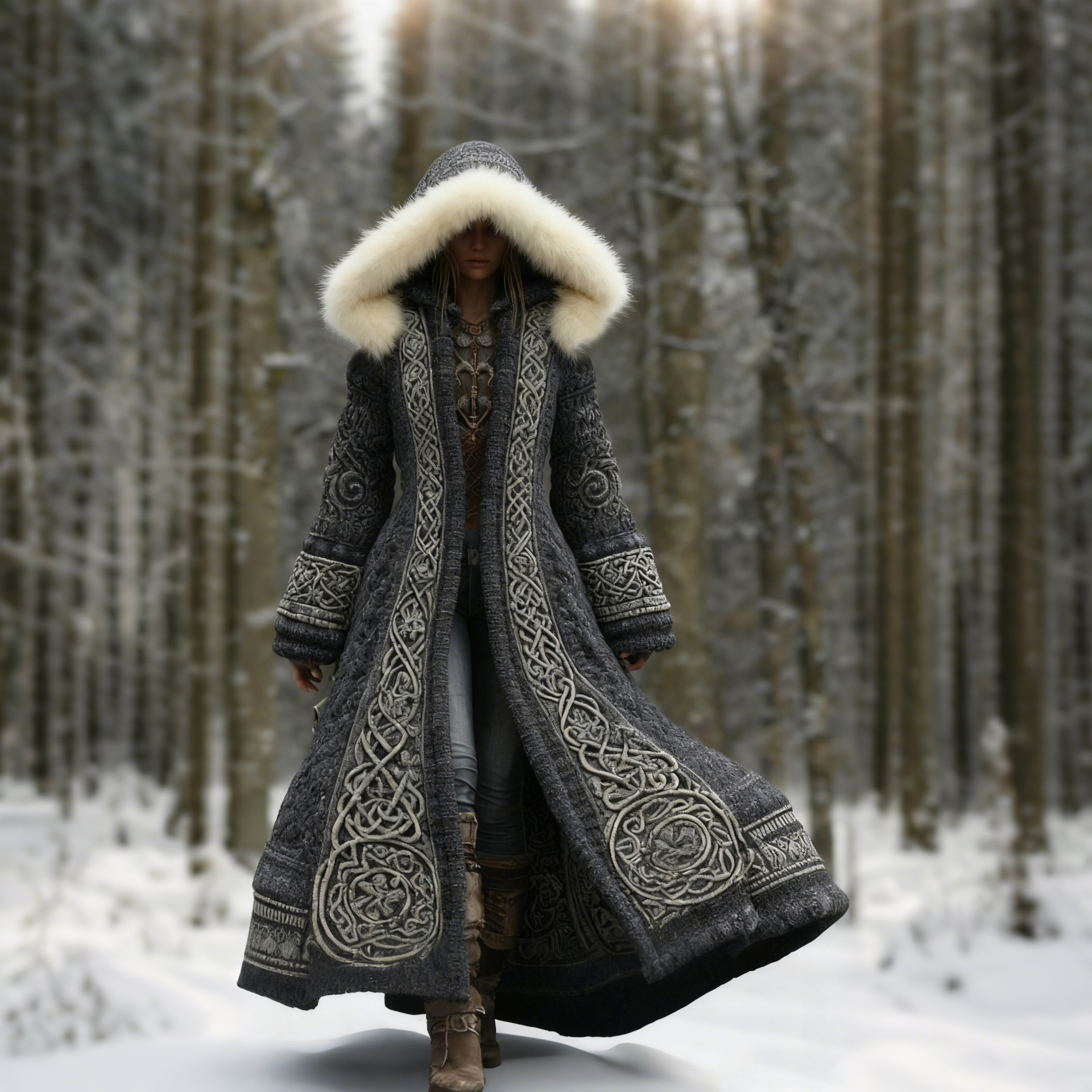 Women's Viking Celtic Knot Knitted Jacquard Cozy Fur Trim Hooded Cardigan