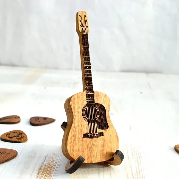 Wooden acoustic guitar pick box with stand
