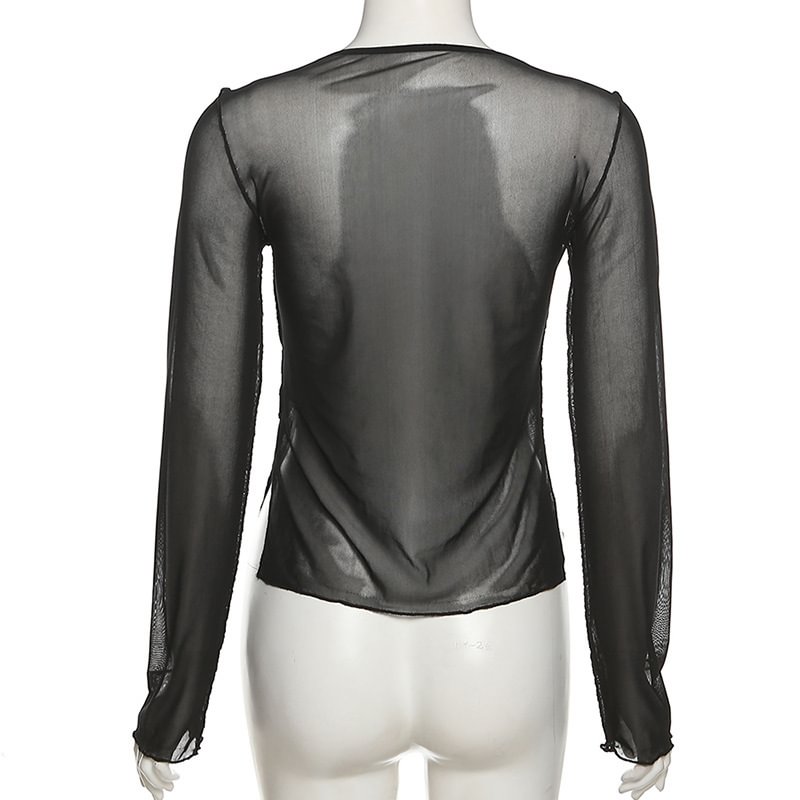 LACE-UP MESH LONG SLEEVE T-SHIRT