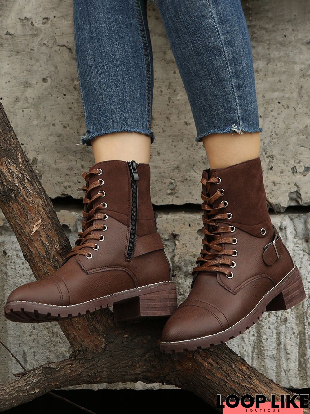 Retro Stitching Lace-up Zipper Boots