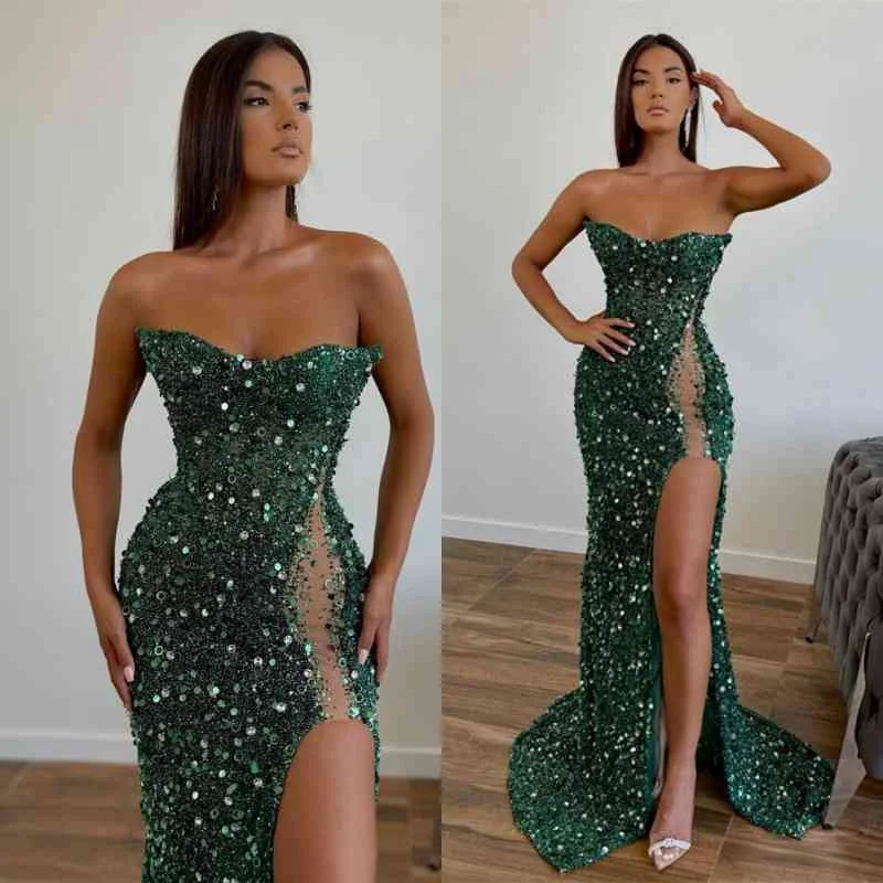 Dark Green Evening Dress With Sequins Sleeveless Slit Strapless ED0757 Dark Green Evening Dress With Sequins Sleeveless Slit Strapless ED0757