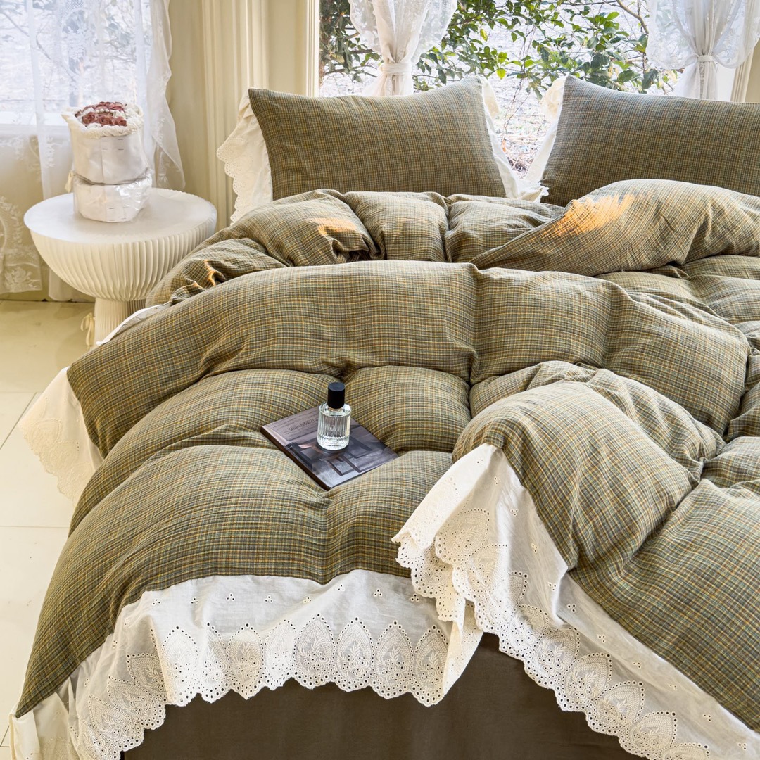 YICKYUE - 2025 Korean Vintage Lace Bedding Set - 4PC Checkered Cotton w/ Romantic Trim ...