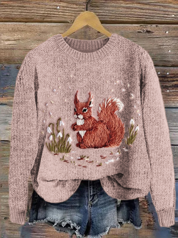 Lovely Forest Squirrel Embroidery Art Knit Sweater