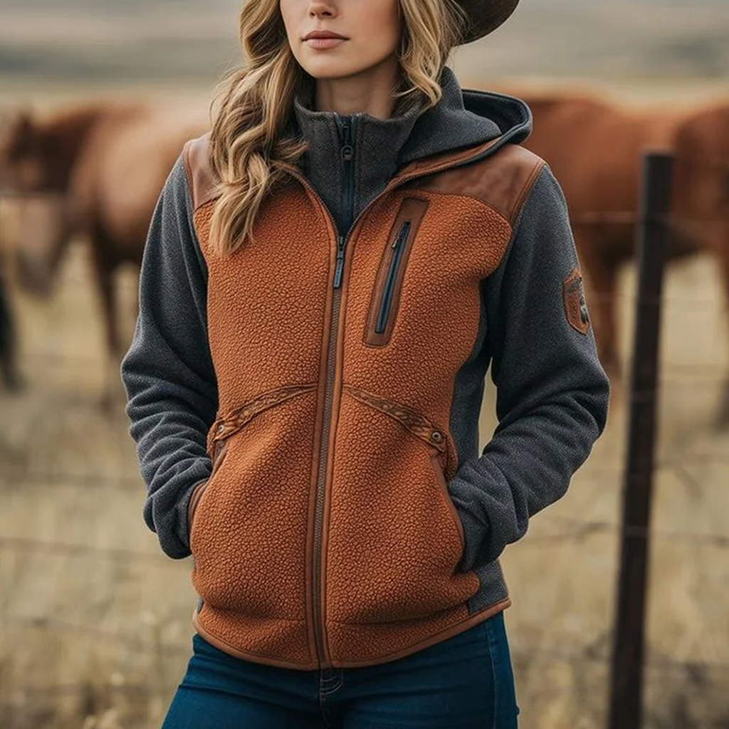 Women's Vintage Rustic Elegance: Brown Vest With Hooded Fleece Jacket