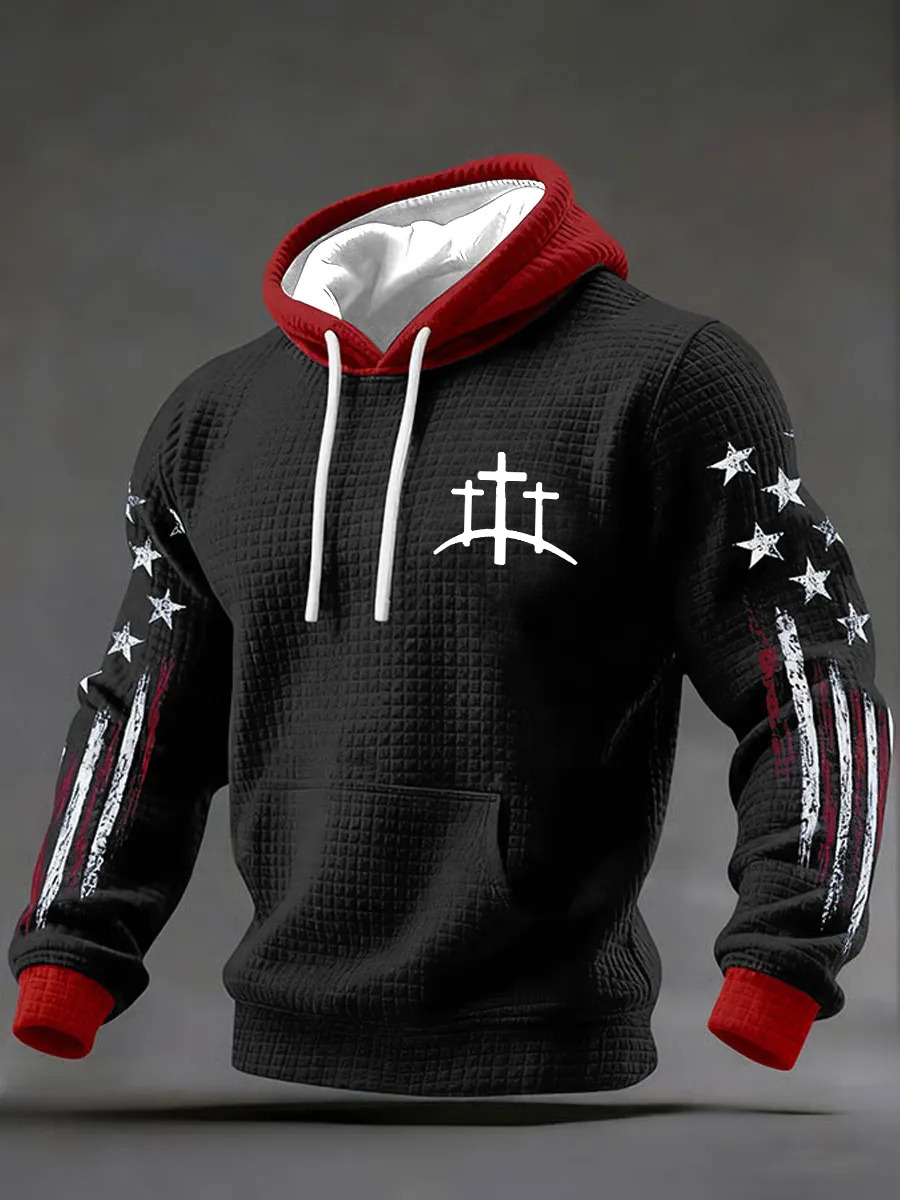 Men'S Faith Cross And US Flag Print Waffle Belt Hoodie
