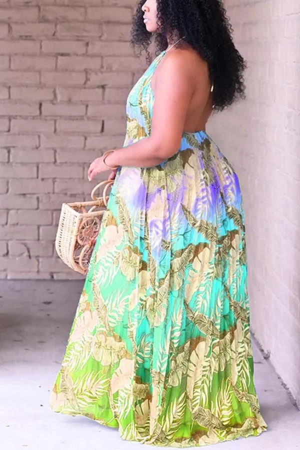 Fashion Frill Print Backless Plus Size Dress