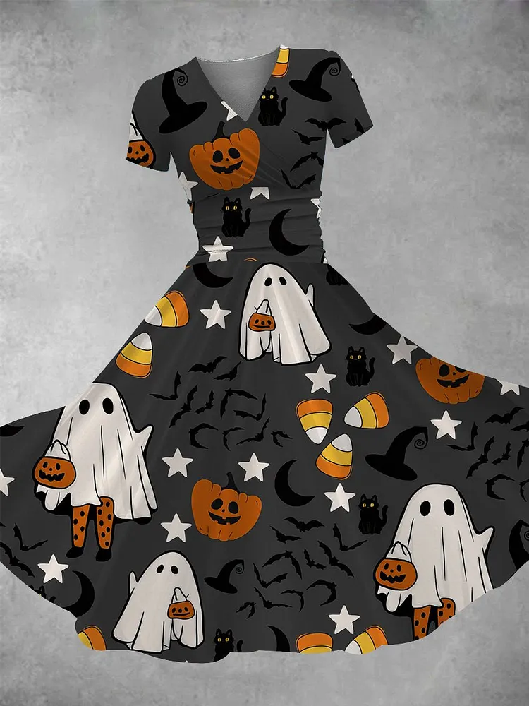 Women's Vintage Halloween Ghost Print Maxi Dress