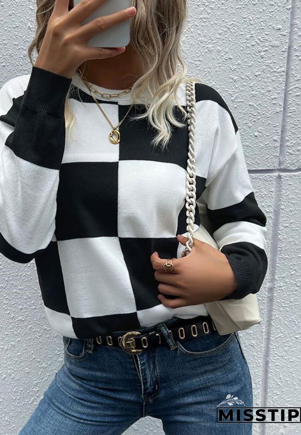 Checker Pattern Drop Should Pullover Sweater - MissTip
