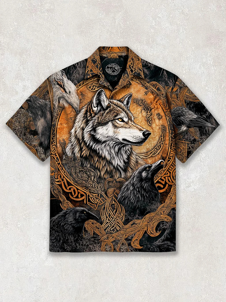 Men's Viking Celtic Knot Wolf Raven Emblem Totem Shirt