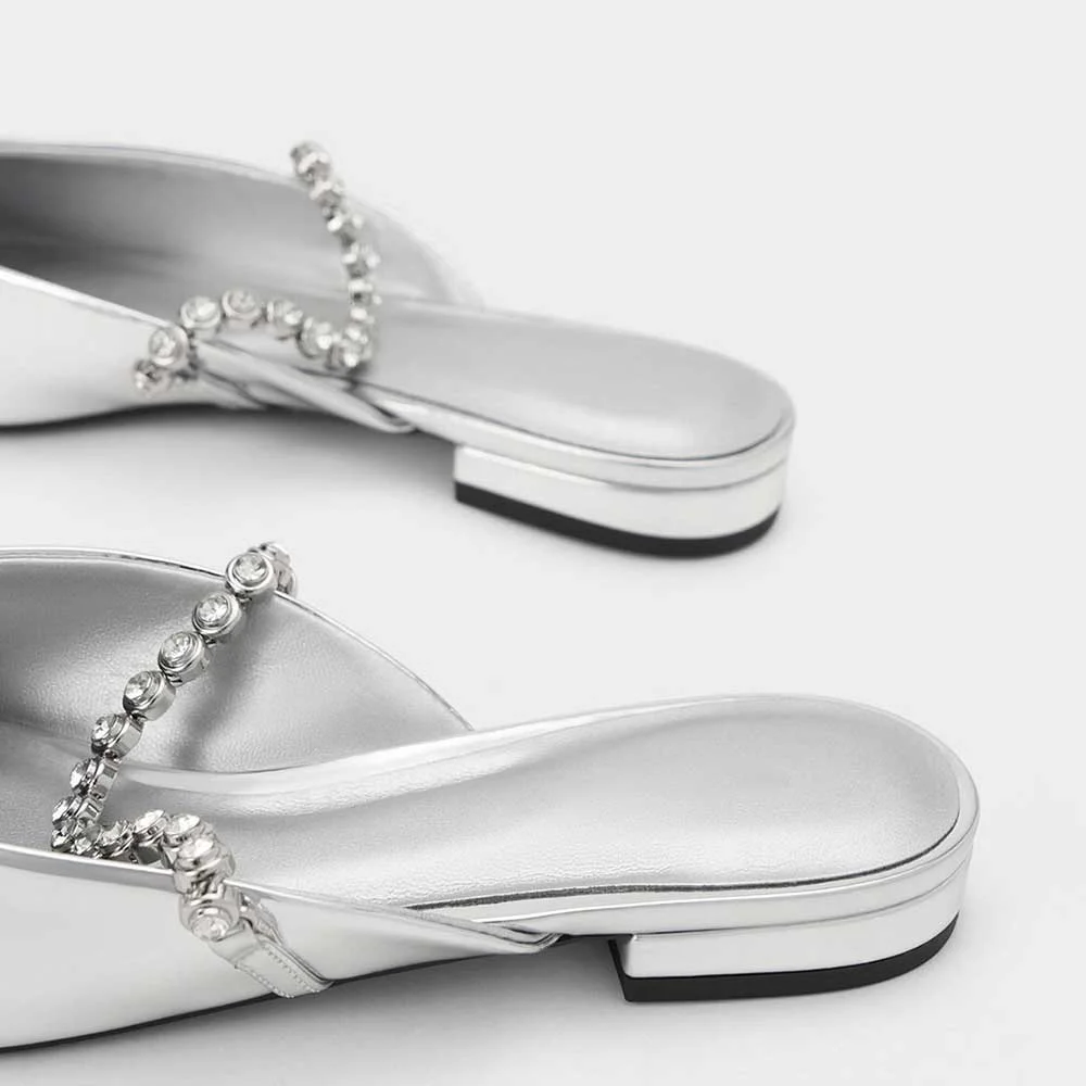 Silver Metallic Finish Pointed Toe Rhinestone Strap Flat Mules