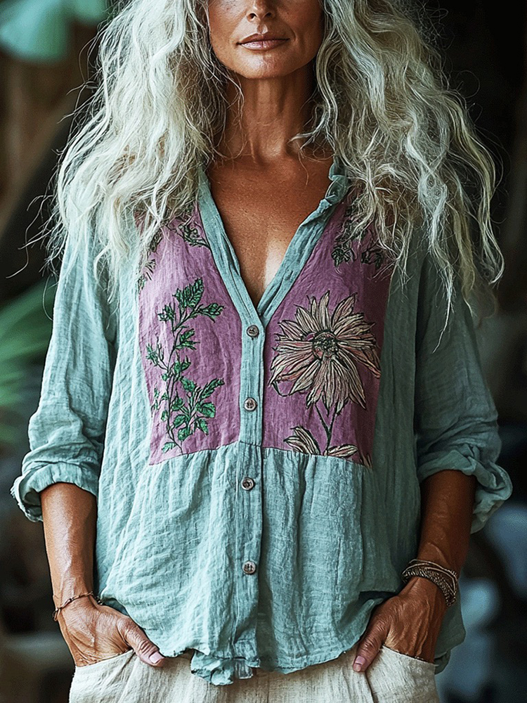 Bohemian Holiday Style Linen Floral Print Long Sleeve Shirt