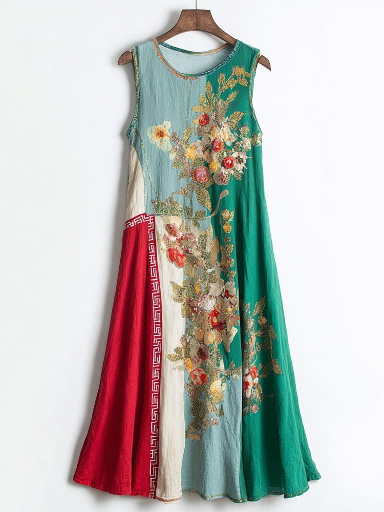 Iranian Flag Color Flowers Embroidered Linen Midi Dress