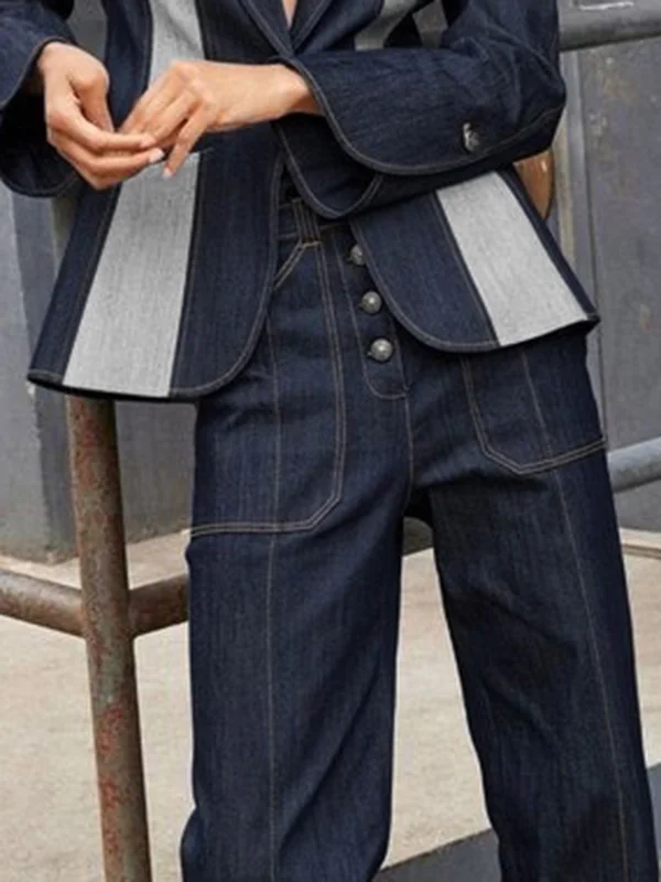 High Waisted Straight Leg Contrast Color Split-Joint Jean Pants Bottom