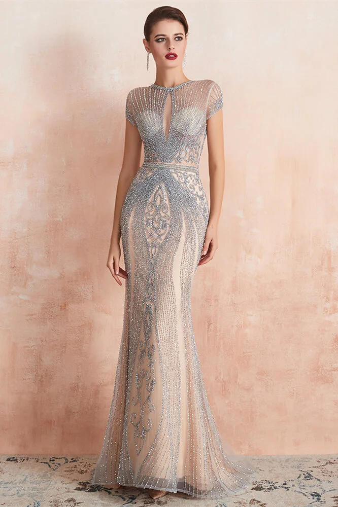 Daisda Elegant Short Sleeve Jewel Neck Mermaid Prom Dress with Beadings