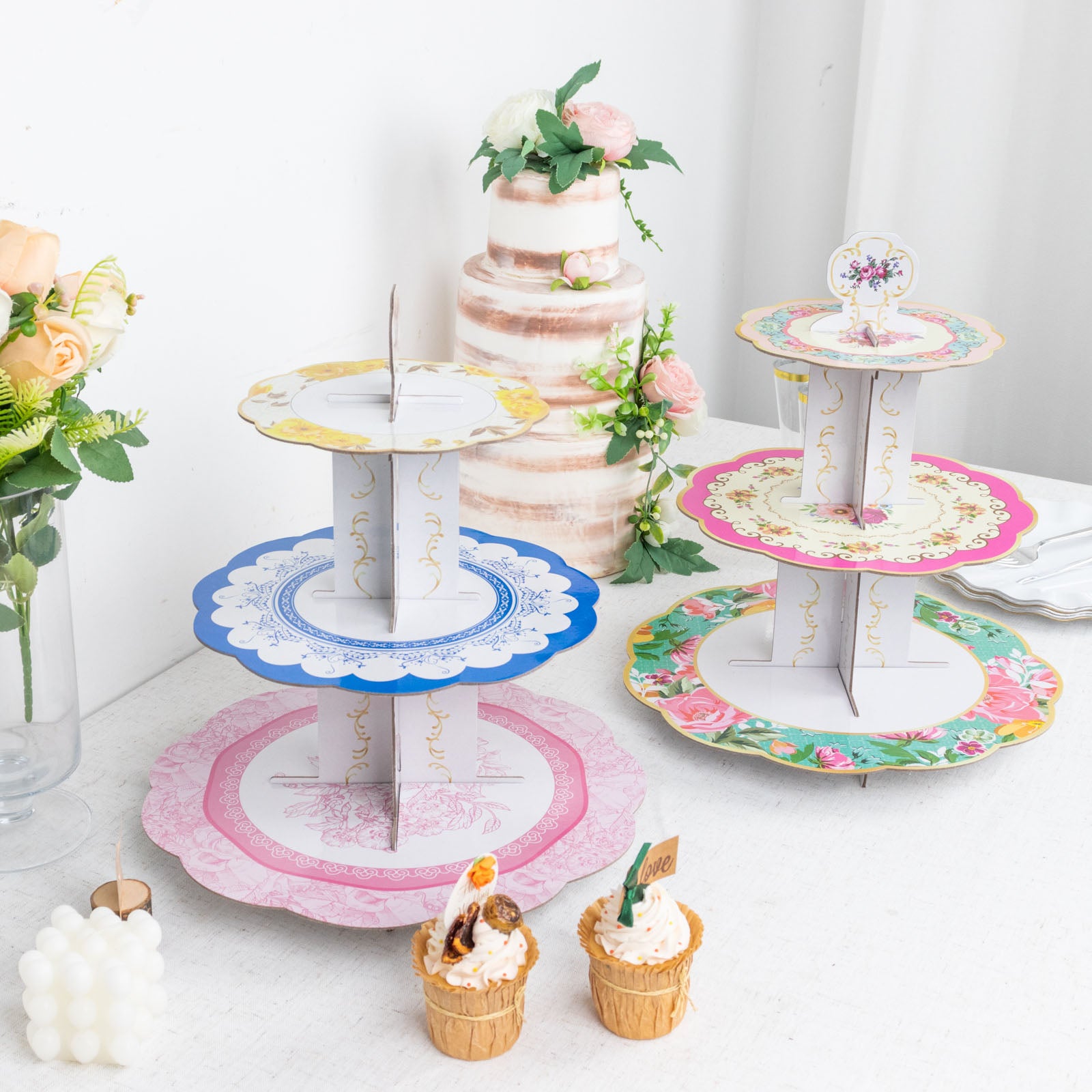 2 Pack | 14" 3-Tier Floral Cardboard Dessert Pedestal Display With ...